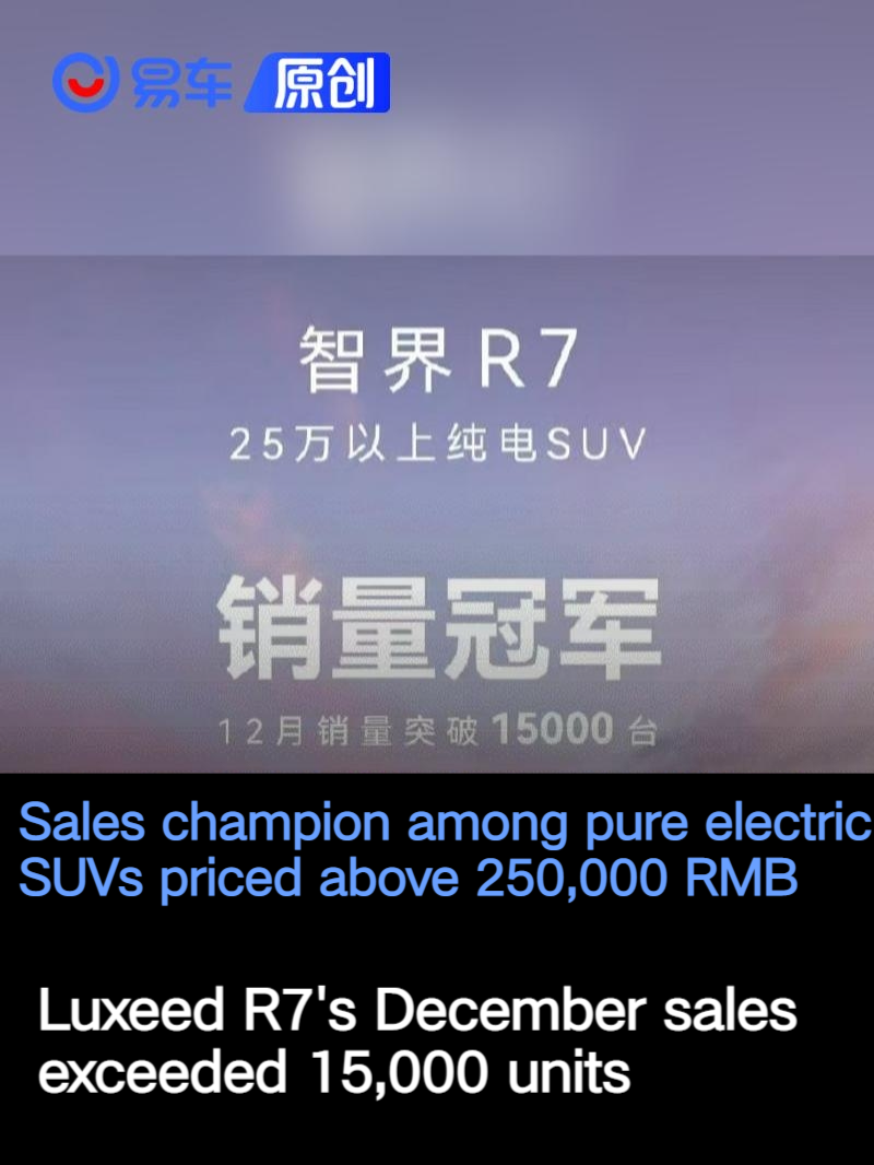 Luxeed R7's December sales exceeded 15,000 units, making it the sales champion among pure ...